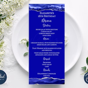 Royal Blue Silver Menu Card Template, Editable Event Menu Card ...