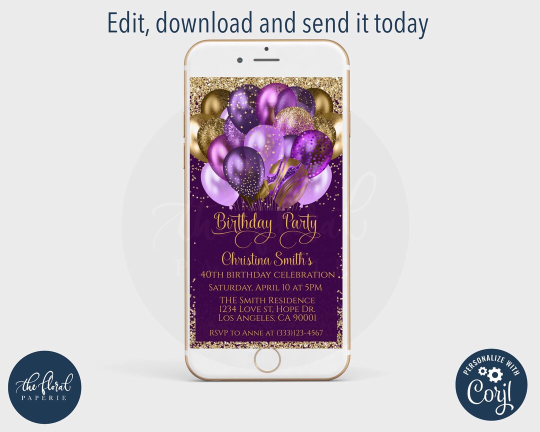 Purple and Gold Birthday Text Invitation Template Editable - Etsy