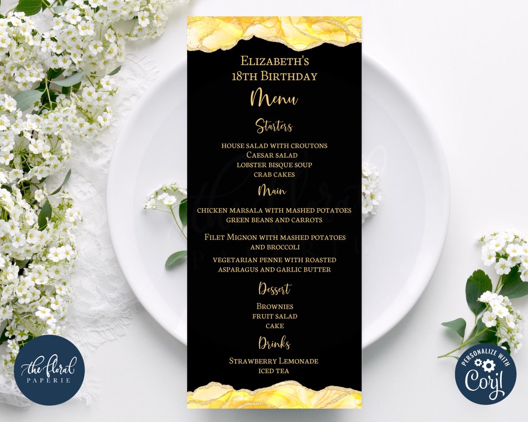 Yellow and Black Menu Card Template, Editable Event Menu Card ...