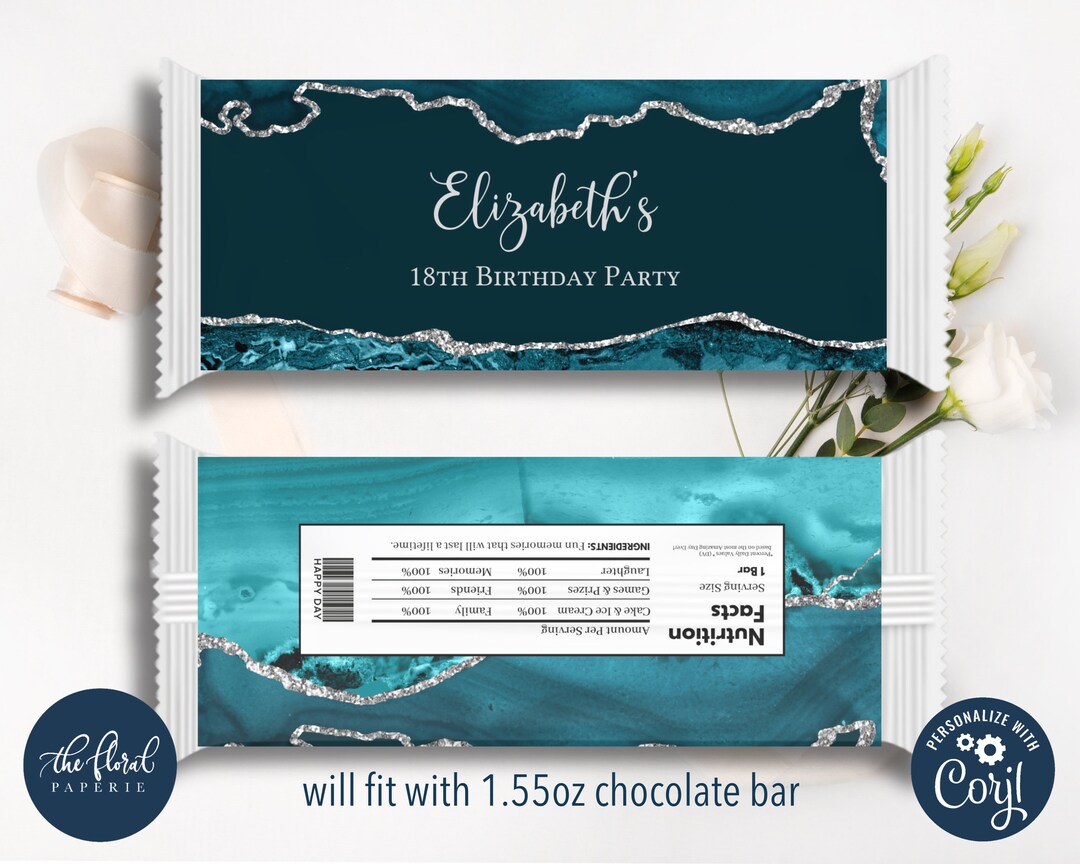 Teal and Silver Chocolate Wrapper Template, Editable Candy Bar Wrapper ...