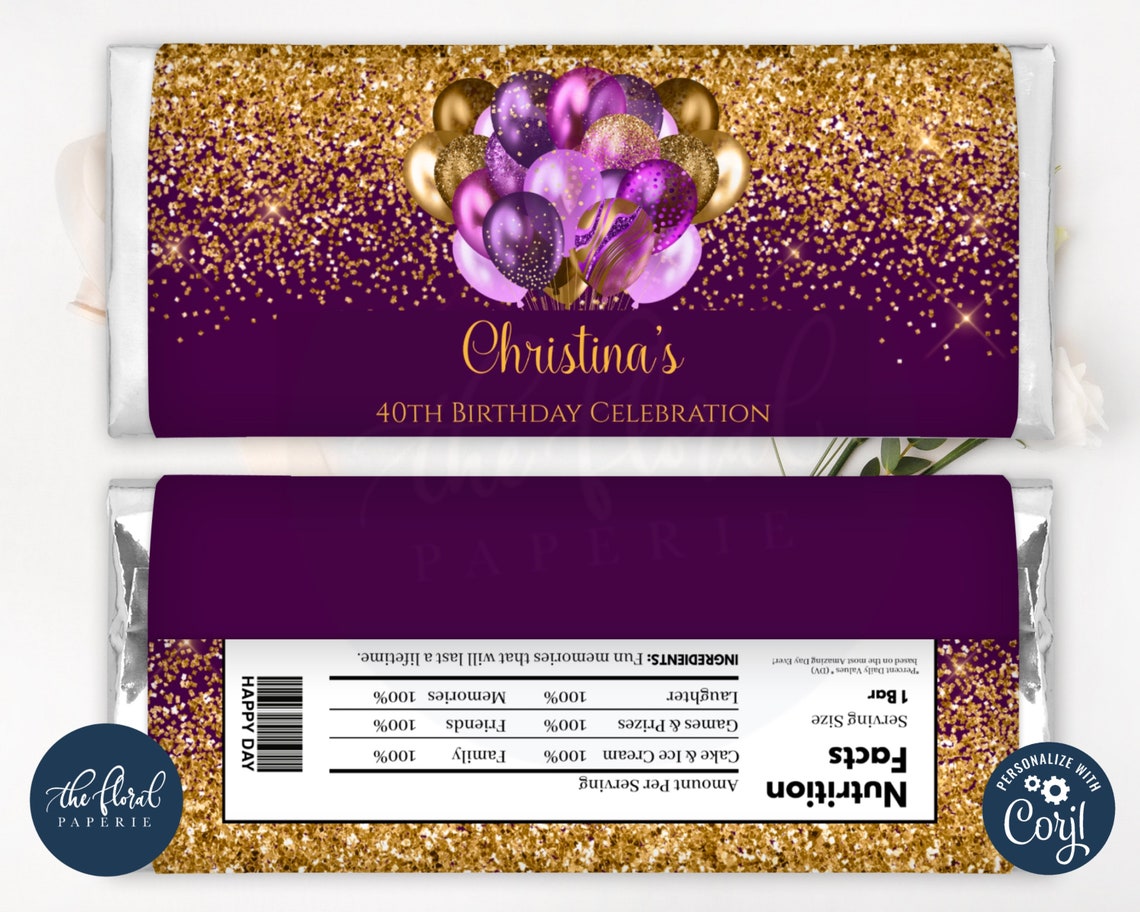 Purple and Gold Chocolate Wrapper Template Editable Candy Bar | Etsy