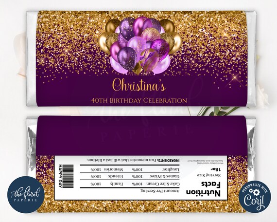 Purple and Gold Chocolate Wrapper Template Editable Candy Bar | Etsy