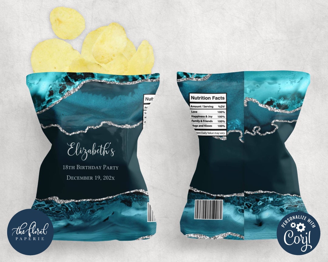 Teal and Silver Chip Bag Template, Editable Potato Chip Bag Wrapper ...