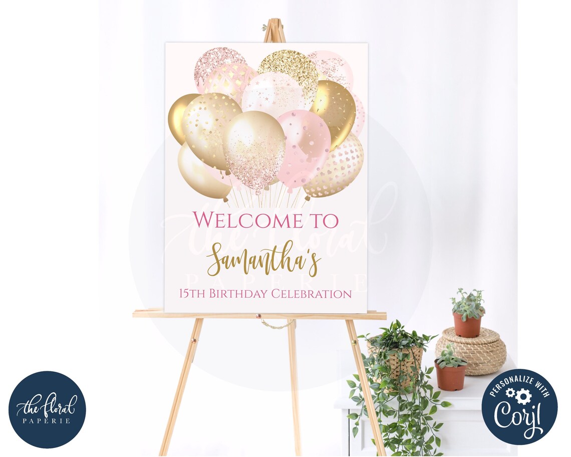 Blush and Gold Birthday Welcome Sign Template Printable - Etsy