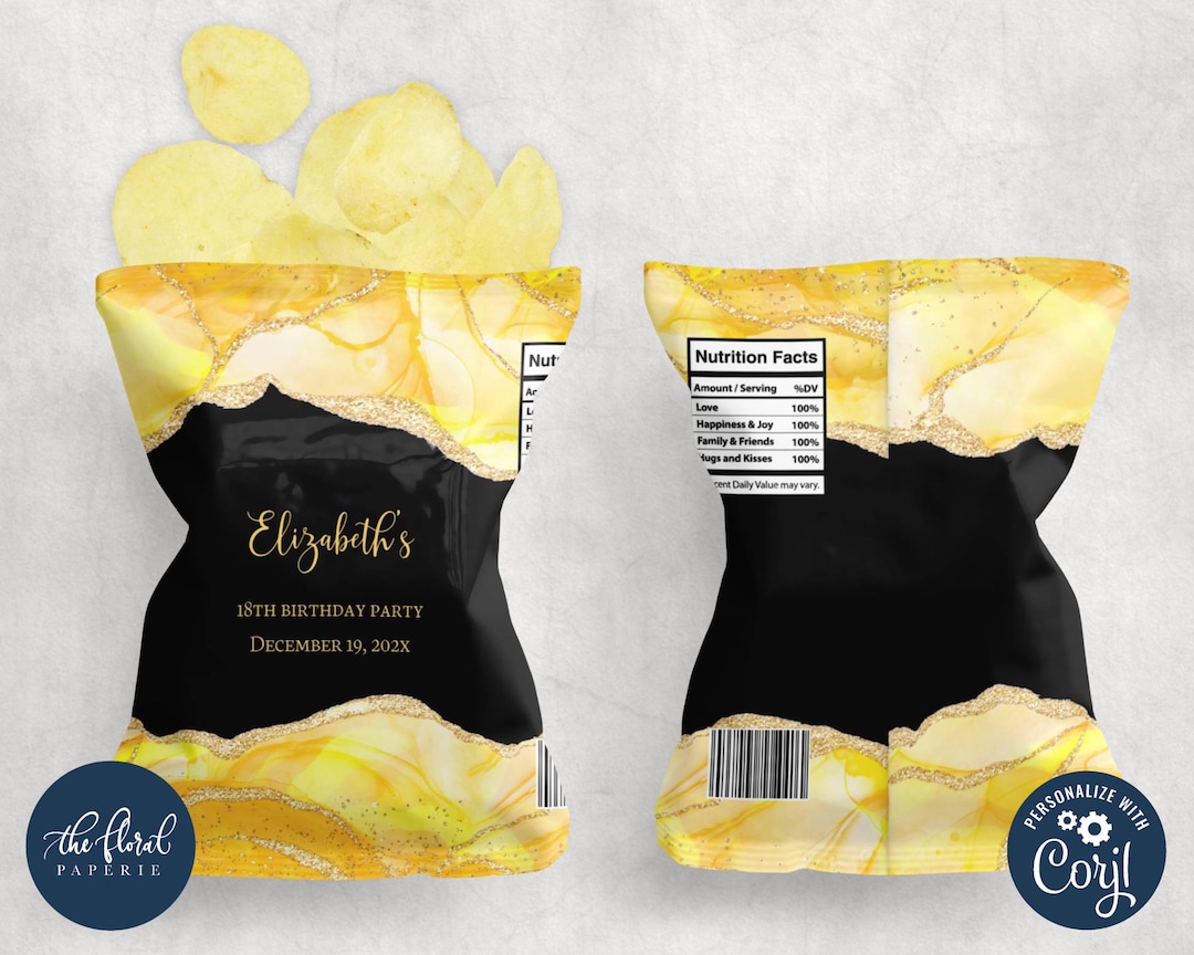 Yellow and Black Agate Chip Bag Template, Editable Favor Labels ...
