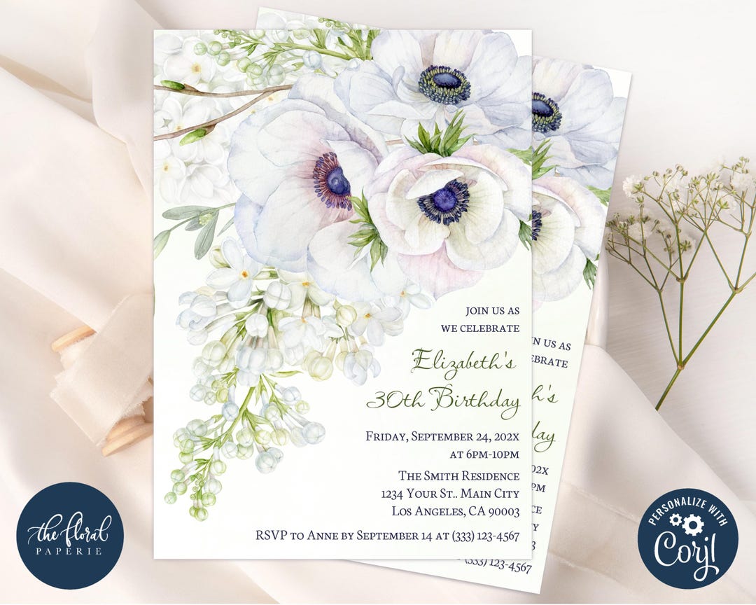 White Floral Birthday Invitation Template, Anemone Invitation, White ...