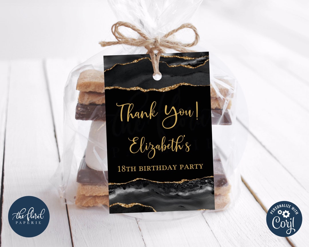 Black and Gold Birthday Favor Tags Template, Editable Birthday Gift ...