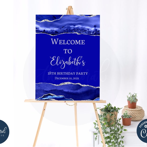 Birthday Welcome Sign Birthday Welcome Poster Royal Blue and Silver ...