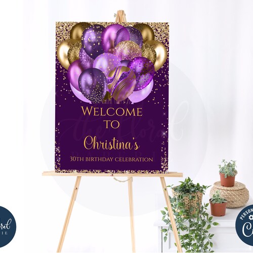 Editable Purple Gold Balloons Birthday Party Invitation - Etsy