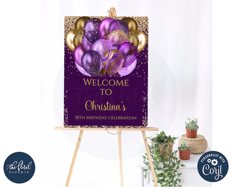 Purple and Gold Birthday Welcome Sign Template Printable - Etsy