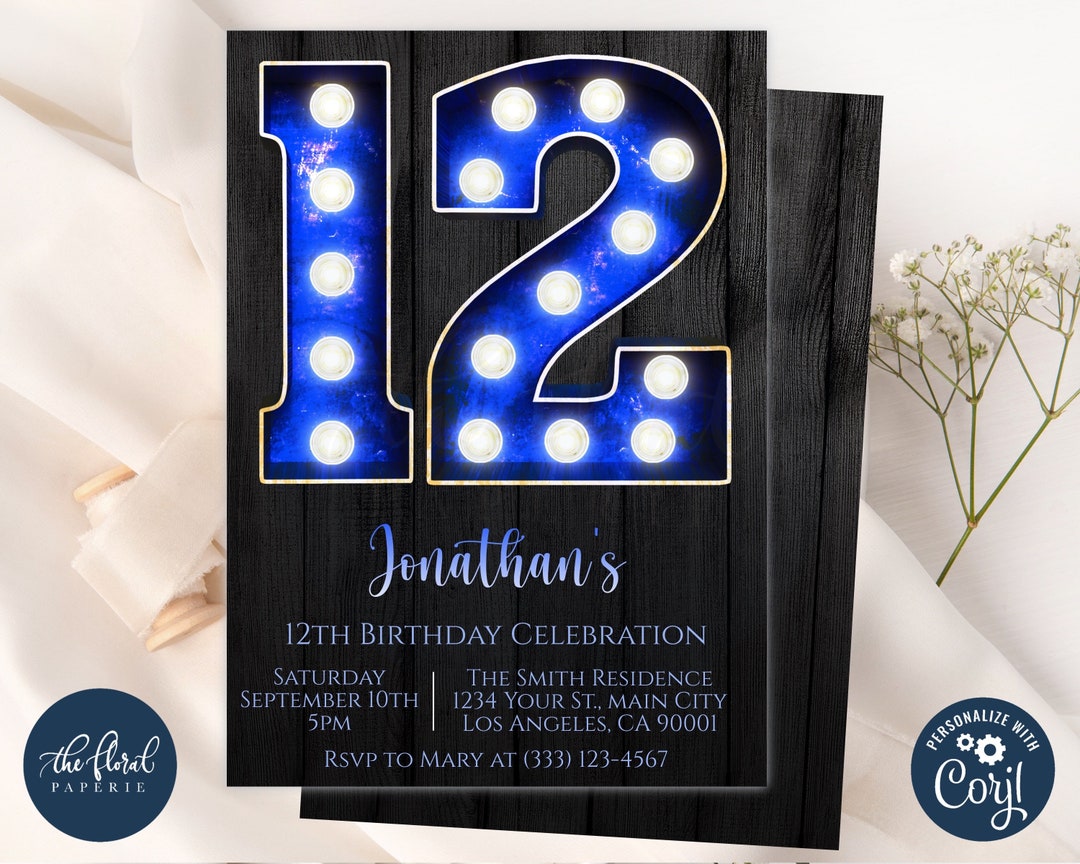 12th Birthday Invitation Template, Editable 12th Birthday Blue and ...