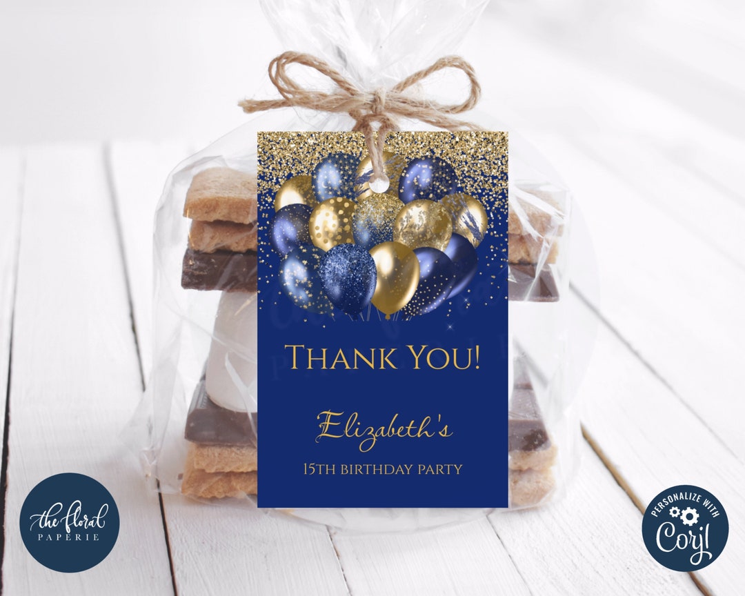 Blue and Gold Birthday Favor Tags Template, Editable Birthday Gift Tags ...