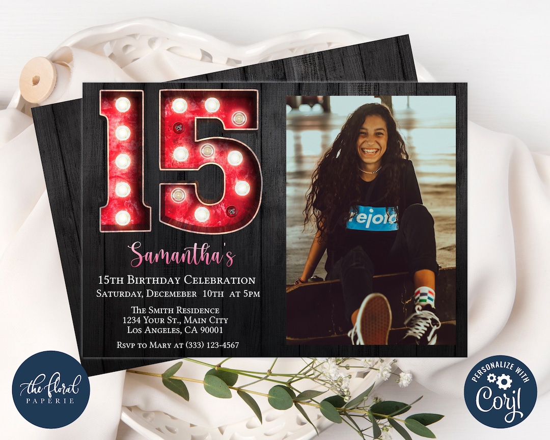 15th Birthday Invitation Template, Red and Black Birthday Invite ...