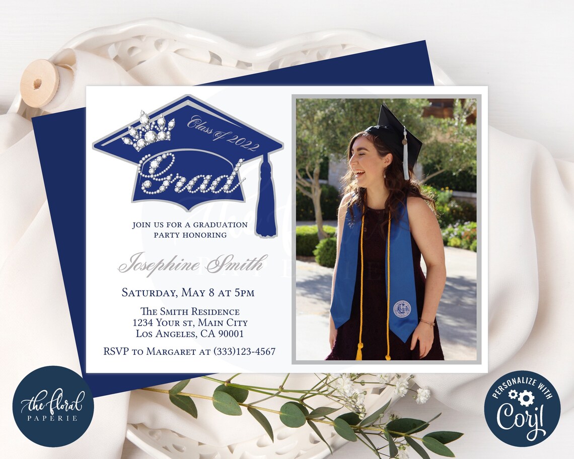Graduation Party Invitation Template Editable Blue and Silver | Etsy