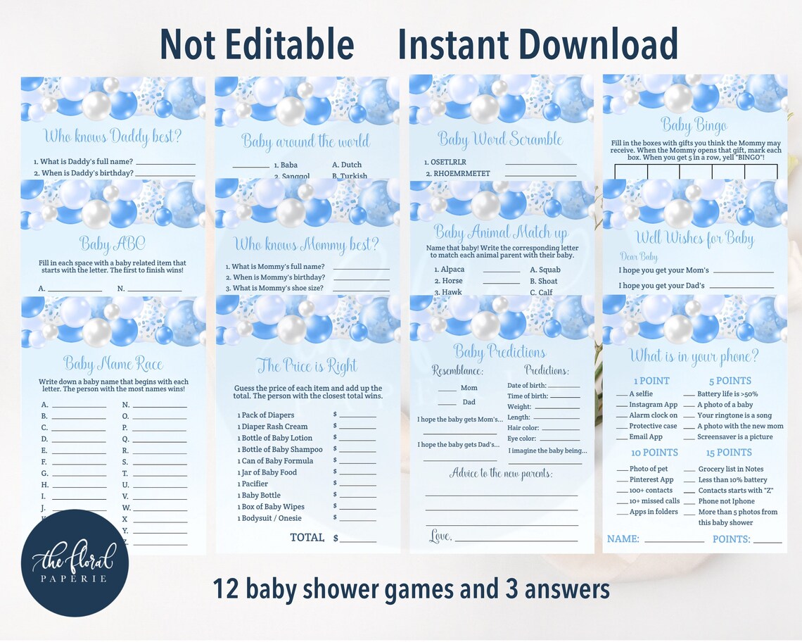 Blue Balloons Baby Shower Games Bundle Printable Boy Baby - Etsy