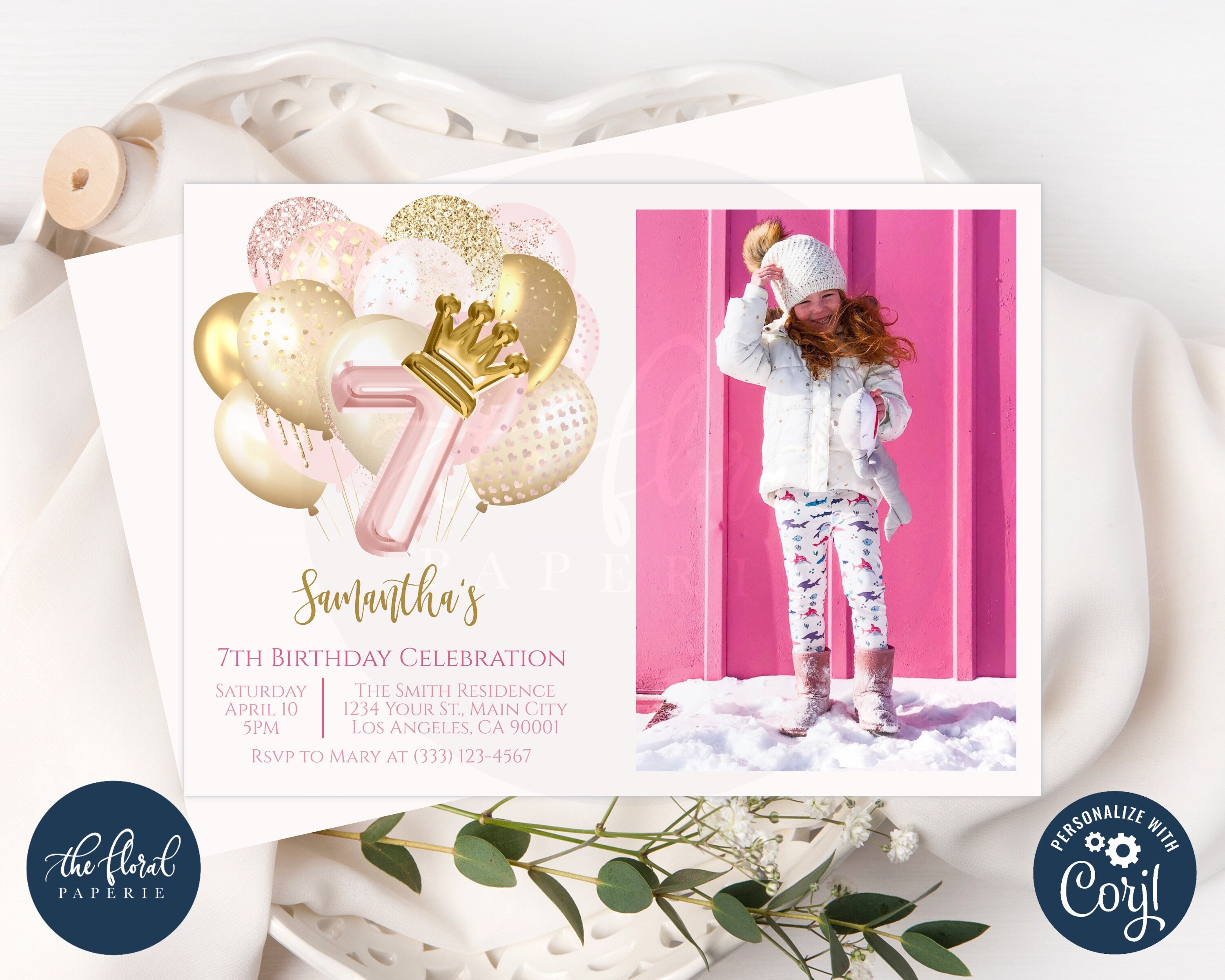7th Birthday Invitation Template Editable Blush and Gold | Etsy