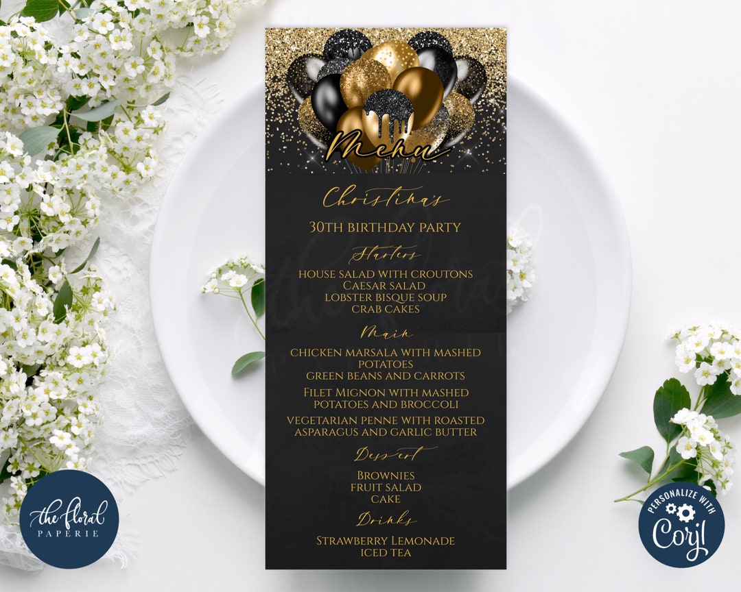 Black and Gold Menu Card Template, Editable Dinner Party Menu (digital ...