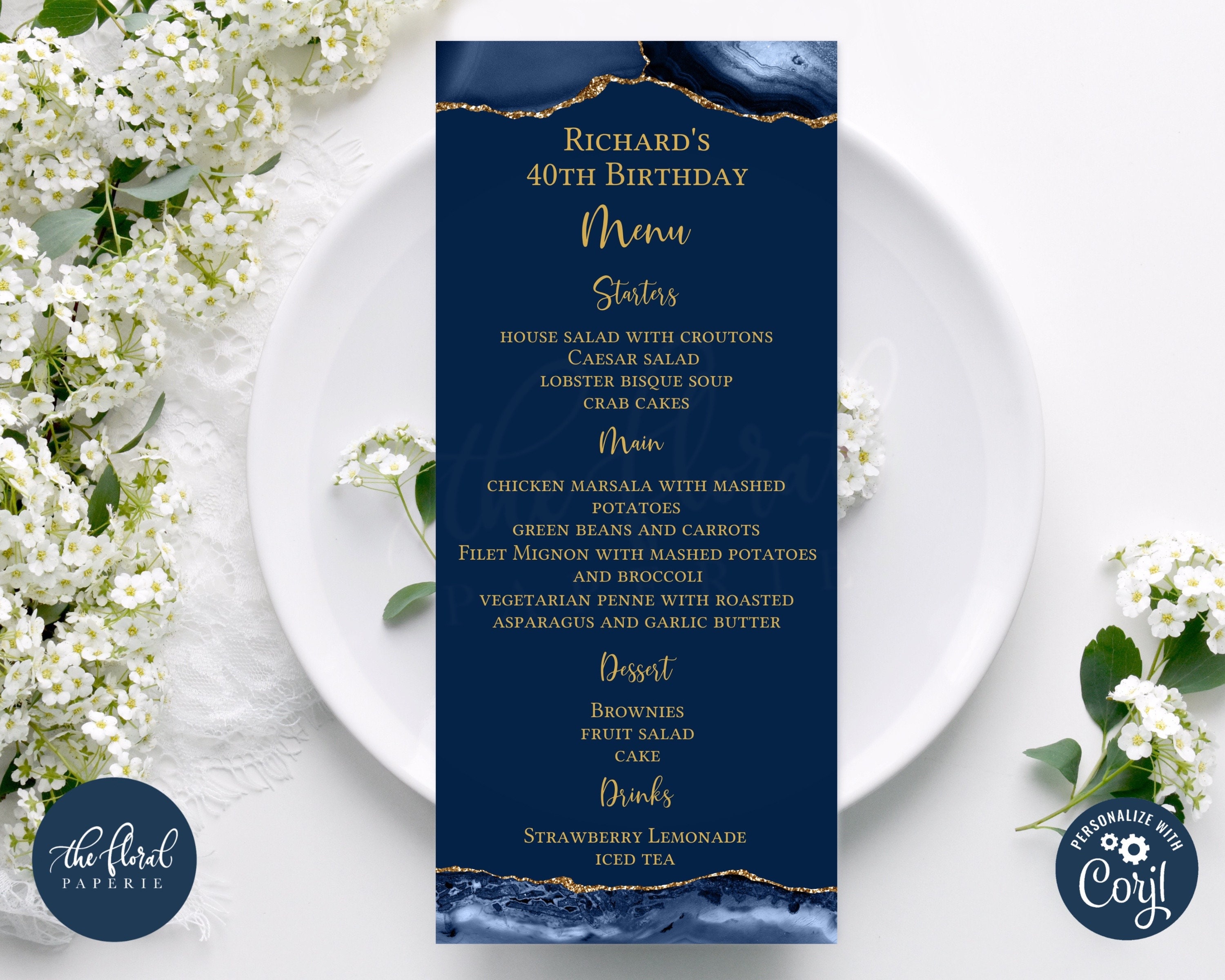 Blue and Gold Menu Card Template, Editable Event Menu Card, Printable ...