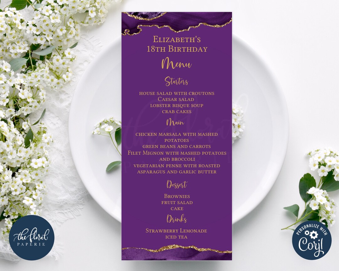 Purple and Gold Menu Card Template, Editable Event Menu Card, Printable ...