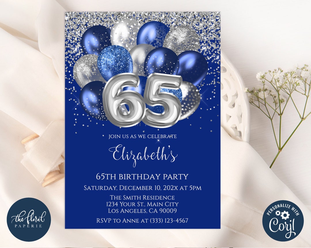65th Birthday Invitation Template, Blue and Silver Birthday, Editable ...