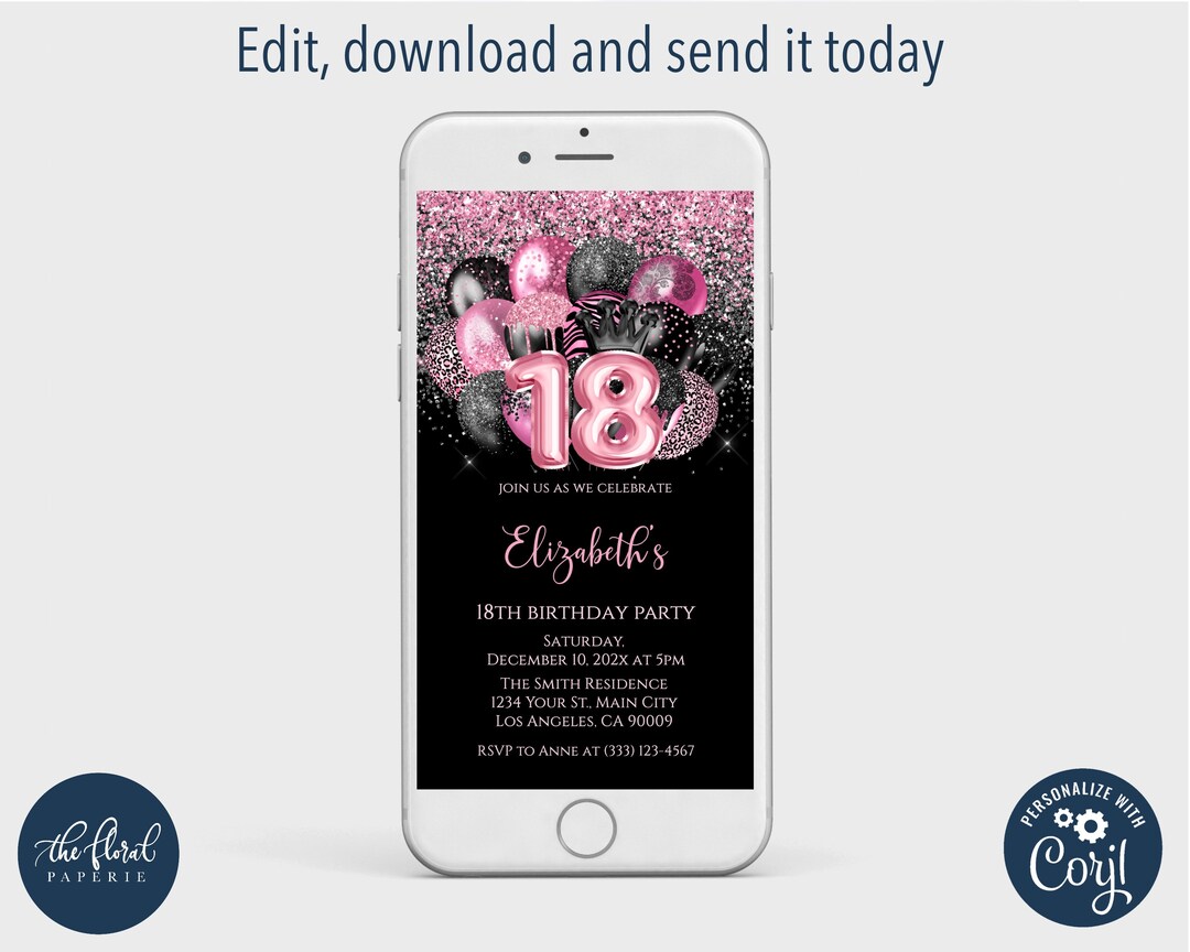18th Birthday Text Invitation Template, Editable Black and Pink ...