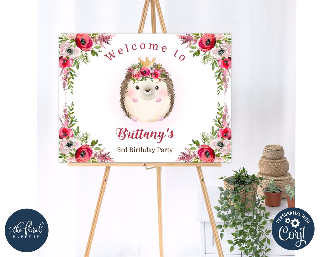 Hedgehog Birthday Welcome Sign Template, Editable Hedgehog Welcome ...