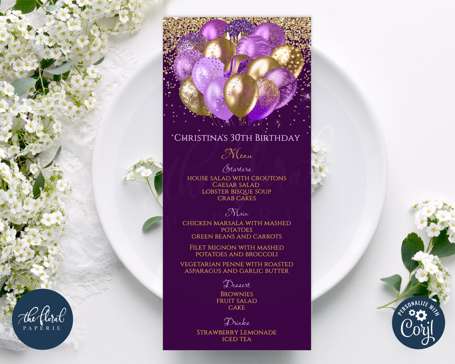 Purple and Gold Menu Card Template, Editable Event Menu Card, Printable ...