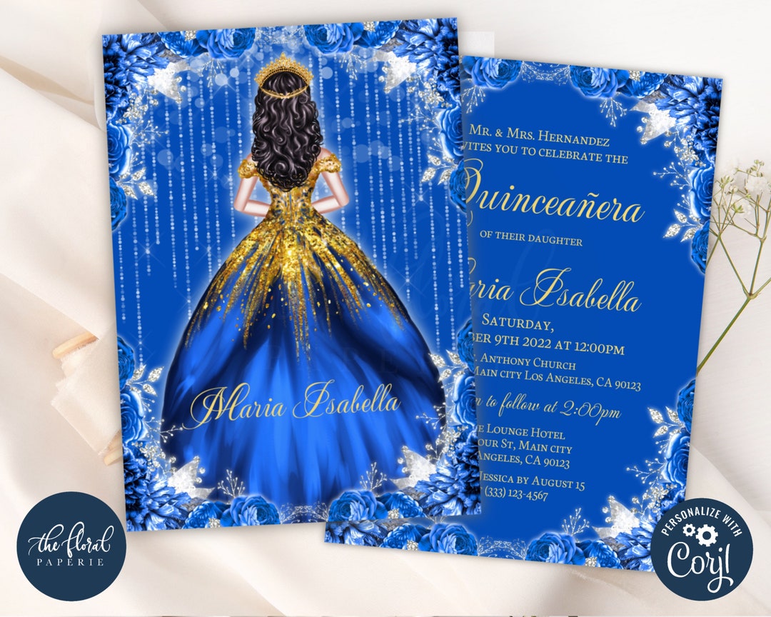 Royal Blue and Gold Quinceanera Invitation Template. Editable 15th ...