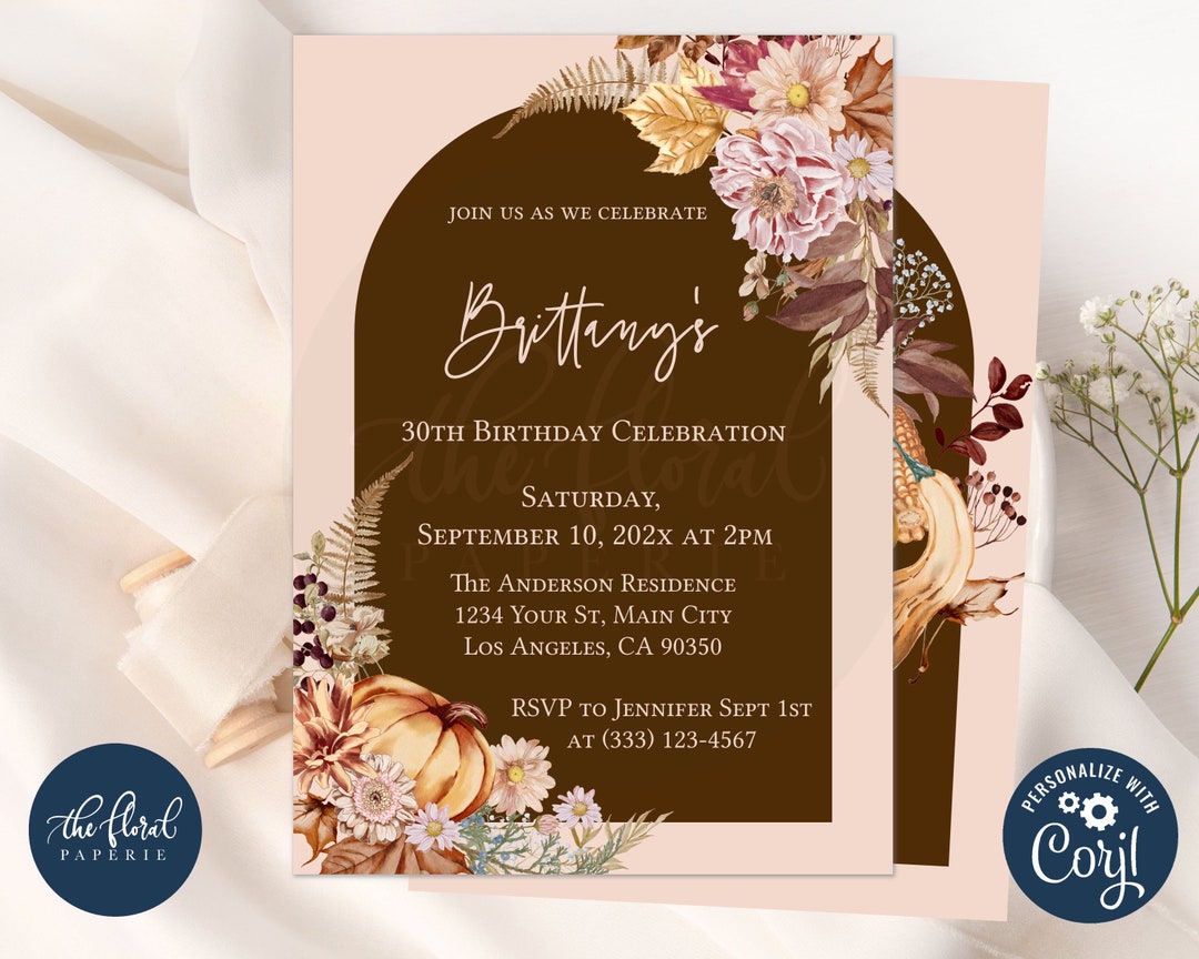 Fall Birthday Party Invitation Template, Editable Autumn Birthday ...
