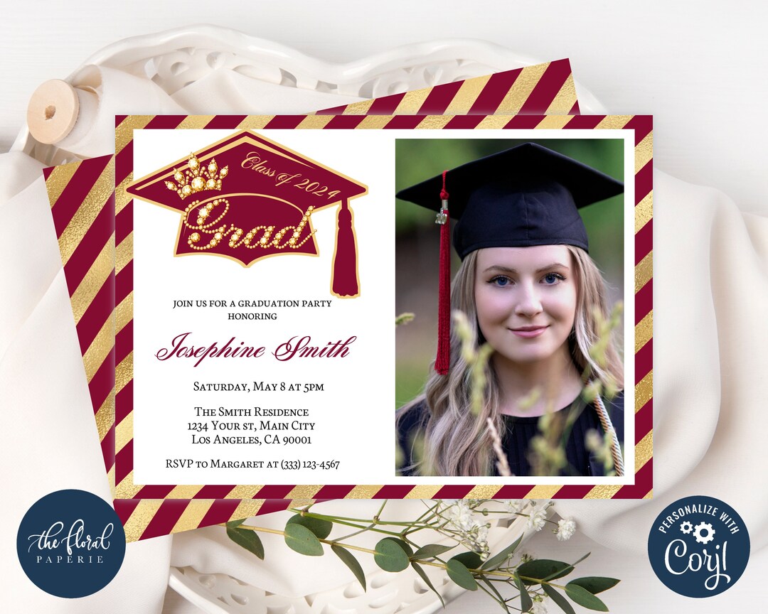 Graduation Party Invitation Template, Editable Burgundy and Gold ...
