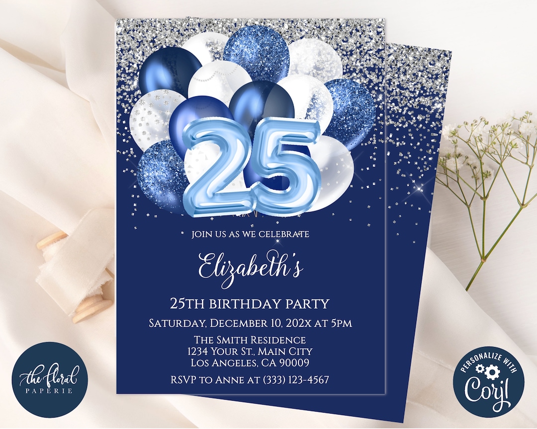 25th Birthday Invitation Template, Editable Blue and White Birthday ...