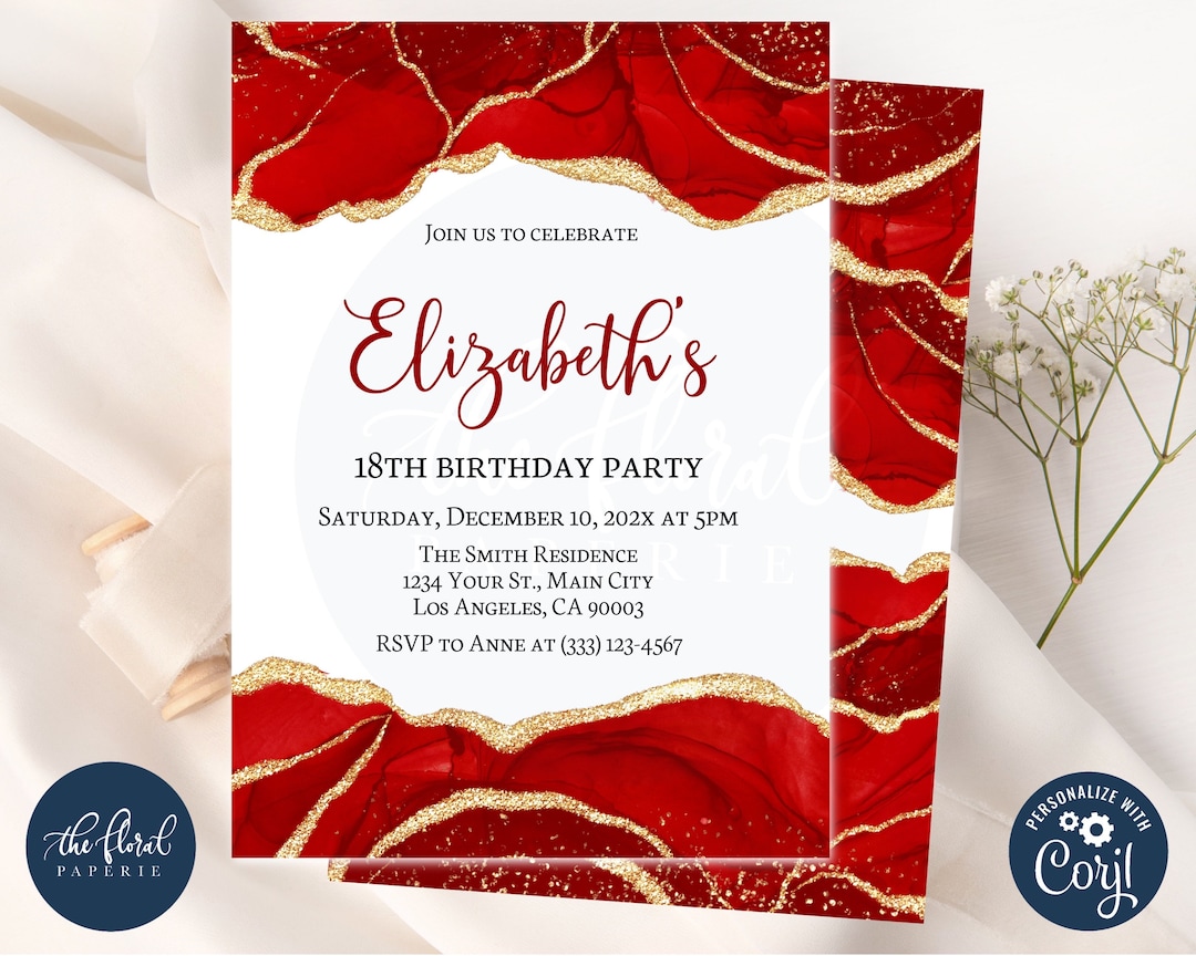 Red and Gold Birthday Invitation Template, Editable Any Age Birthday ...