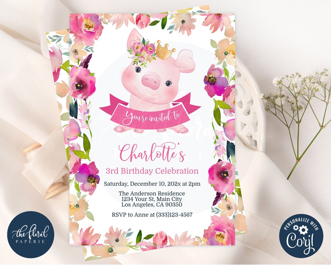 Pig Birthday Invitation Template, Editable Pig Birthday Invites, Girl ...