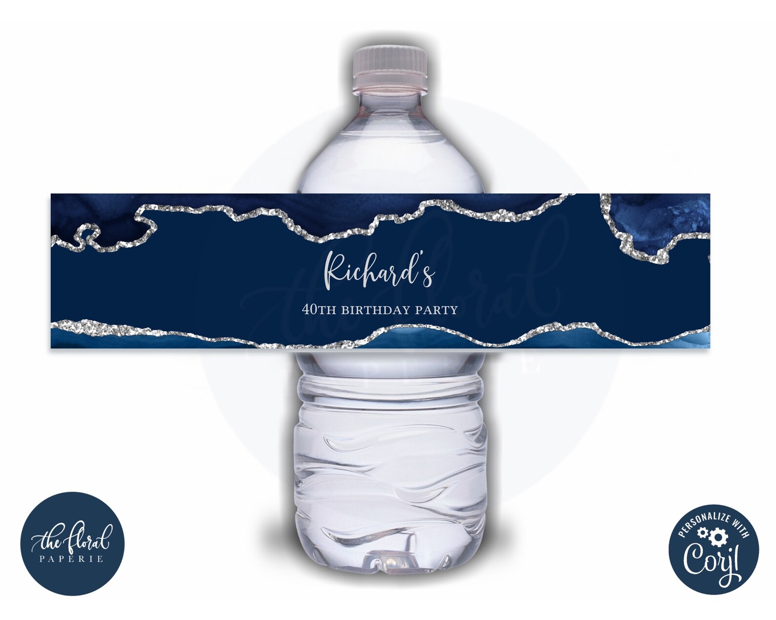 Blue and Silver Water Bottle Label Template Editable Agate - Etsy