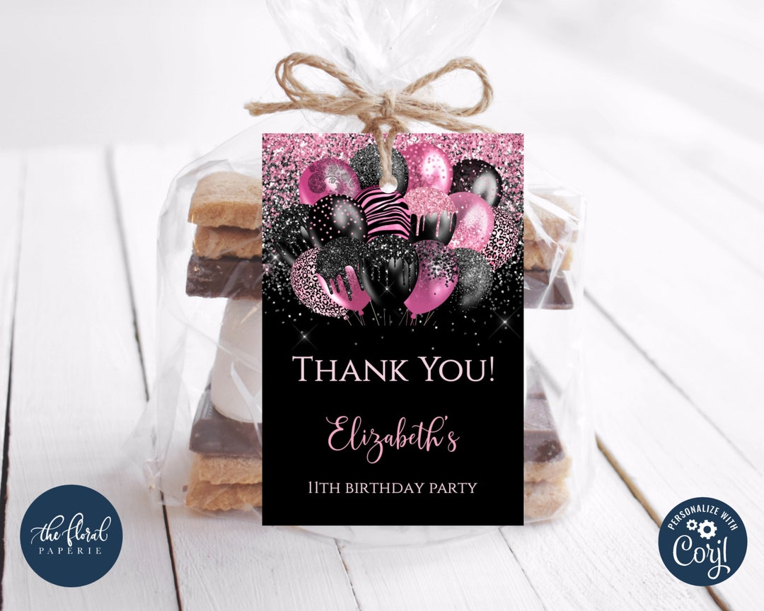 Pink and Black Balloon Favor Tag Template, Editable Thank You Gift Tags ...