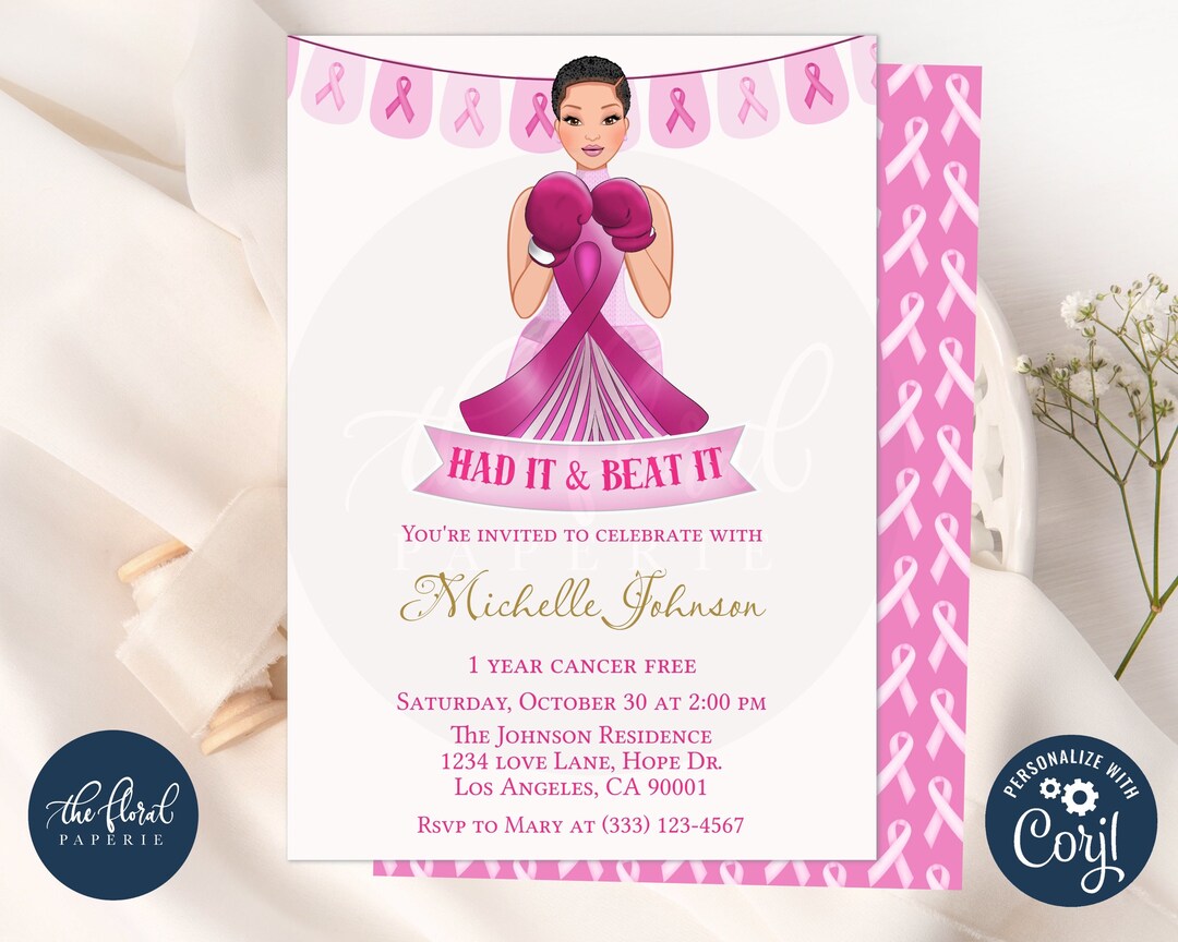 Breast Cancer Survivor Invitation Template, Editable Pink Ribbon ...