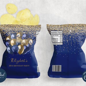 Blue and Gold Chip Bag Template, Editable Party Favor (digital Download ...