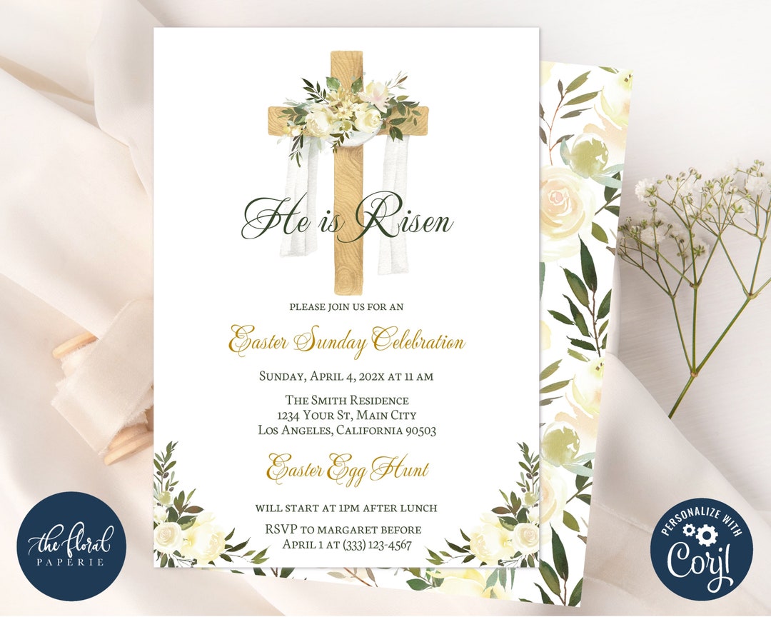 Easter Invitation Template, He is Risen, Printable Easter Cross ...