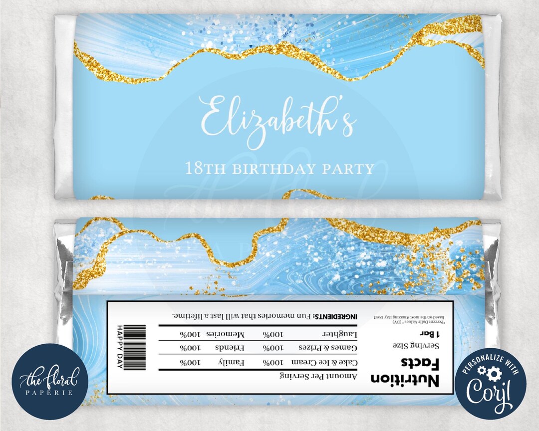 Baby Blue and Gold Chocolate Wrapper Template, Editable Candy Bar ...
