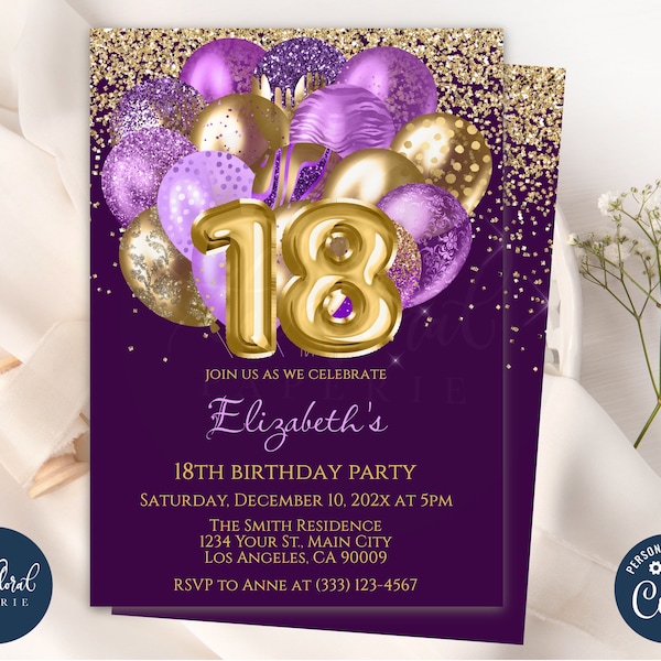 18th Purple Birthday Invitation - Etsy