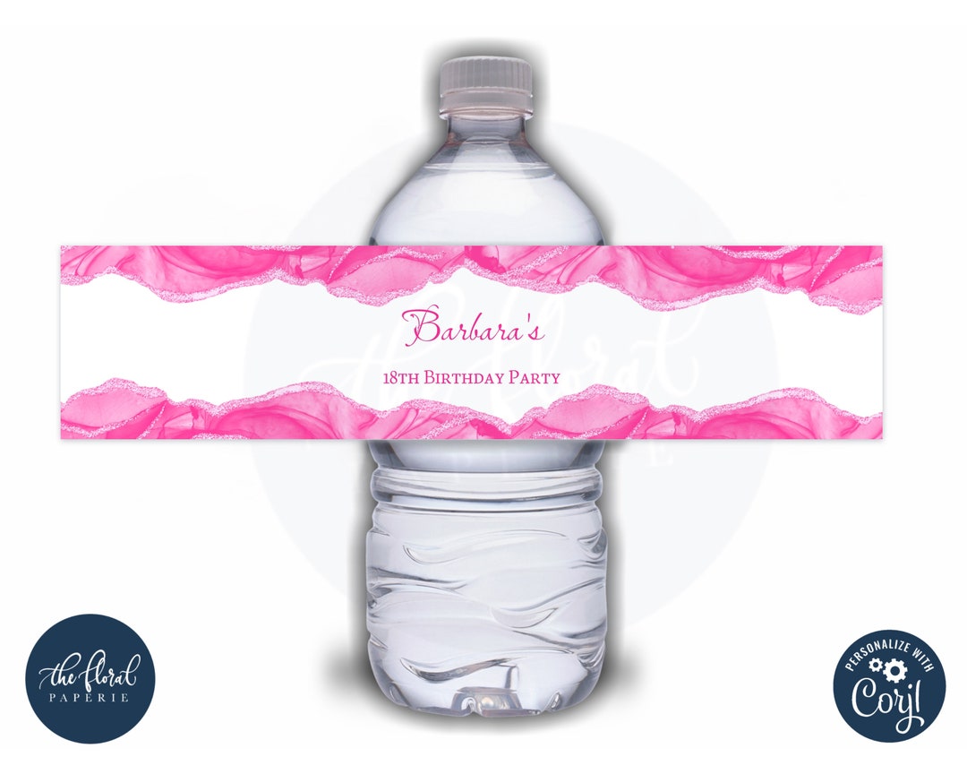 Hot Pink Water Bottle Label Template, Editable Water Bottle Stickers ...