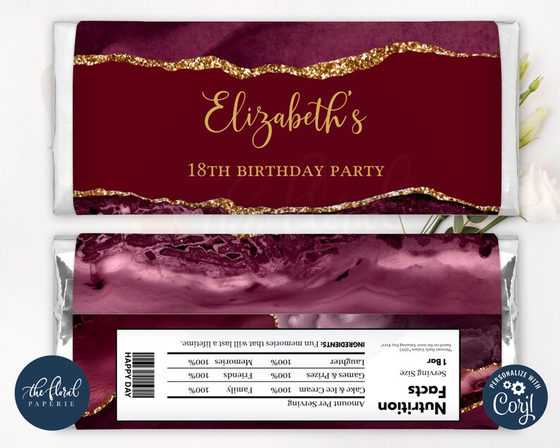 Burgundy and Gold Chocolate Wrapper Template Editable Candy - Etsy