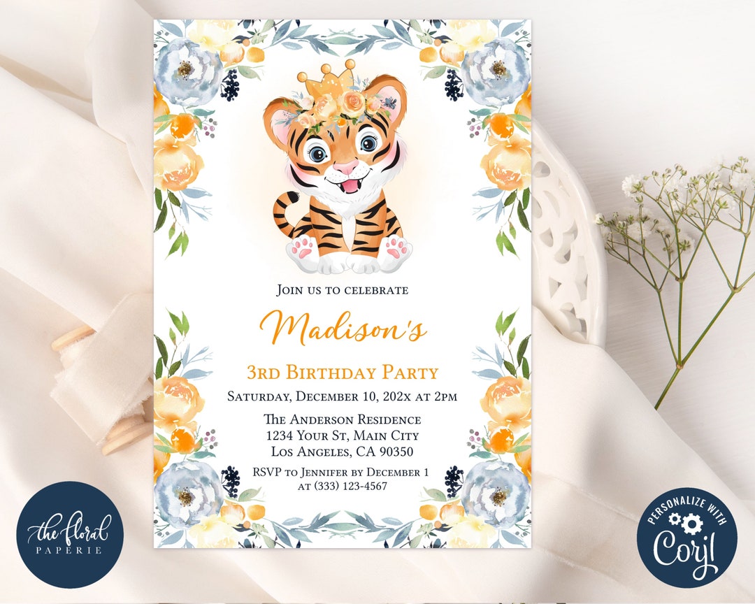 Tiger Birthday Invitation Template, Girl Birthday Party Invitation ...