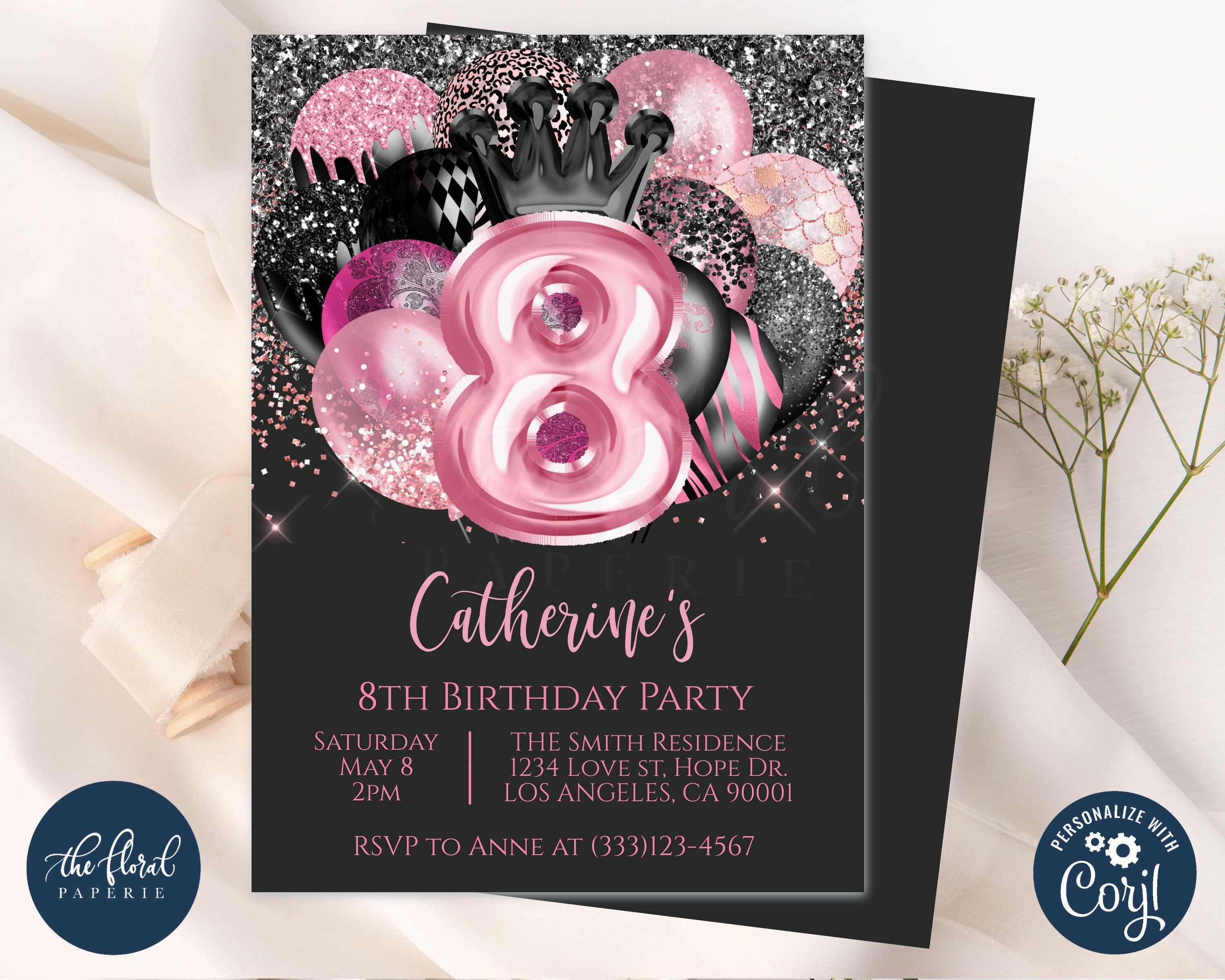 Rainbow Editable Invite 8th Birthday Invitation Editable Pink Fairy