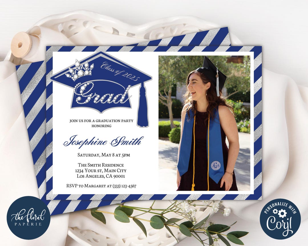 Graduation Party Invitation Template, Editable Blue and Silver ...