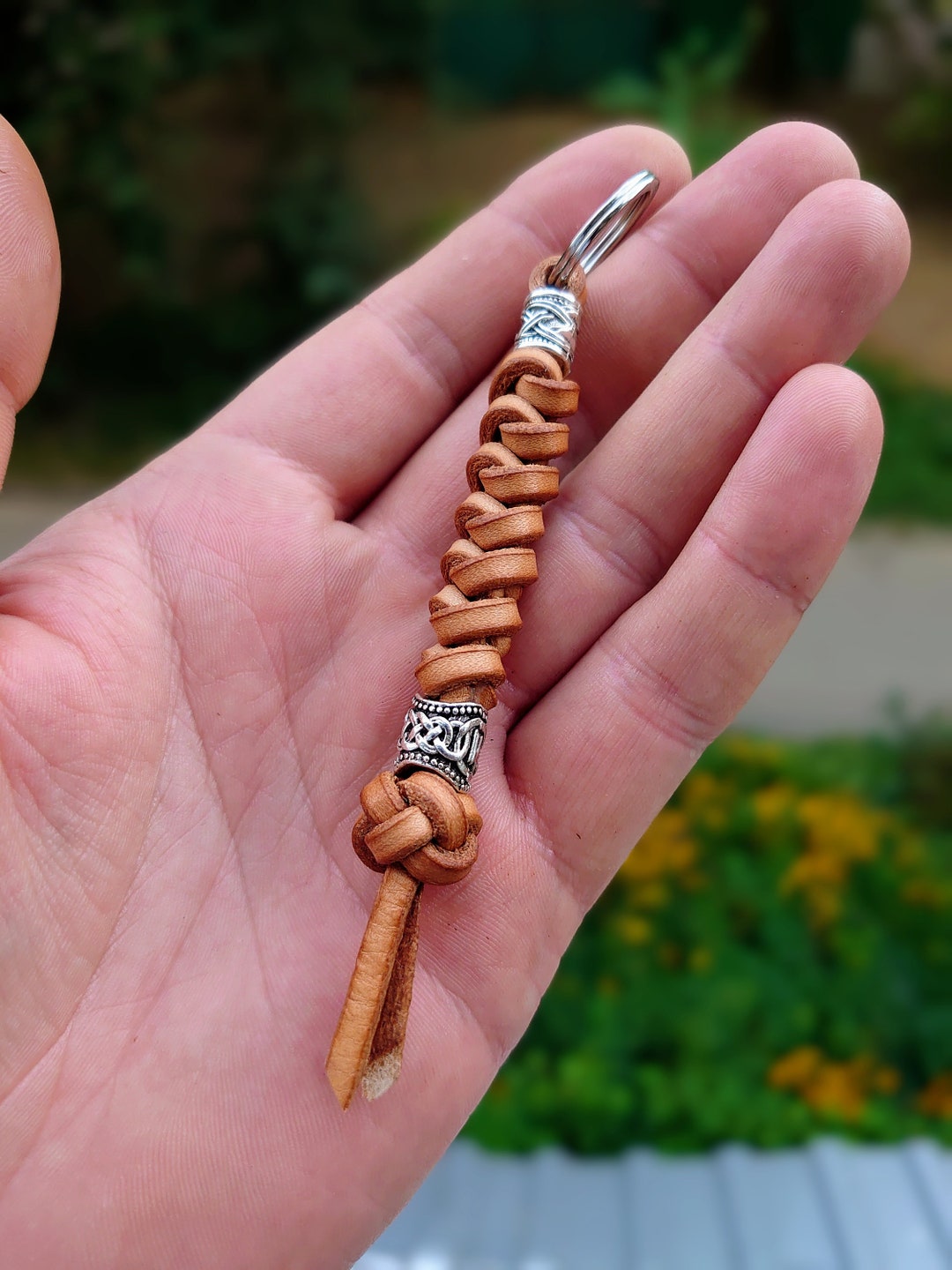 Leather Lanyard, Handmade Woven Keychain With Rune Beads and Key Ring ...