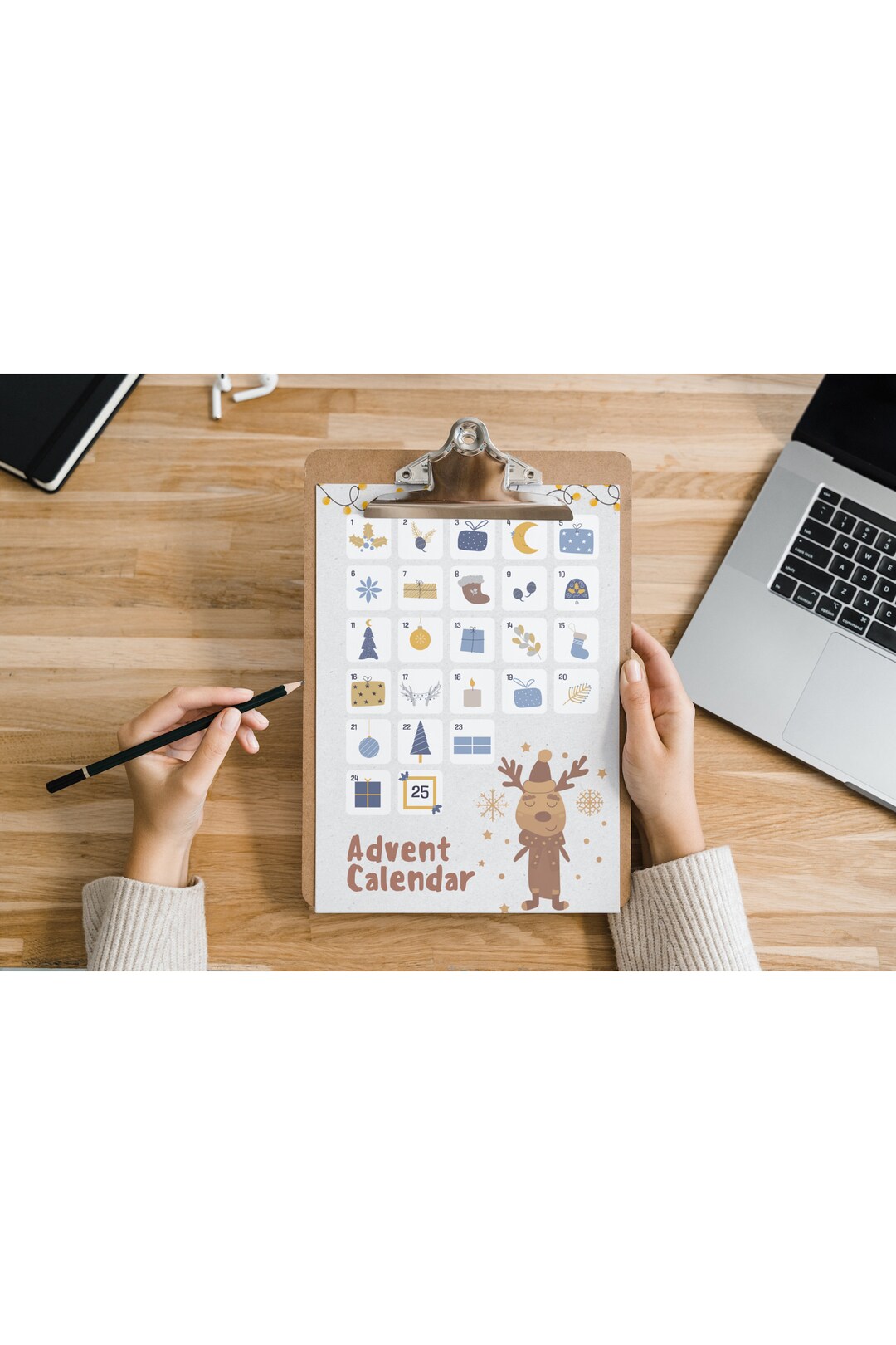 Printable Advent Calendar in PDF Format, Christmas Beige Blue Gray ...