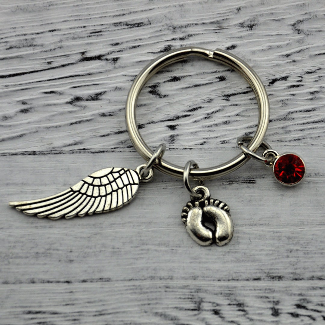 Angel Wings Keychain,baby Feet Keychain, Choose a Birthstone , Baby ...