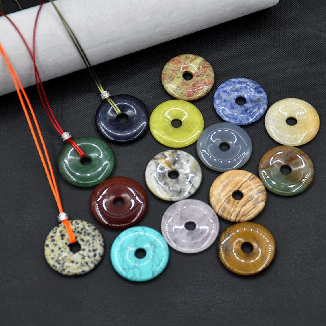 Nature Gemstone 40mm Donut Cord Necklace，donut Necklace， Charm Gemstone ...