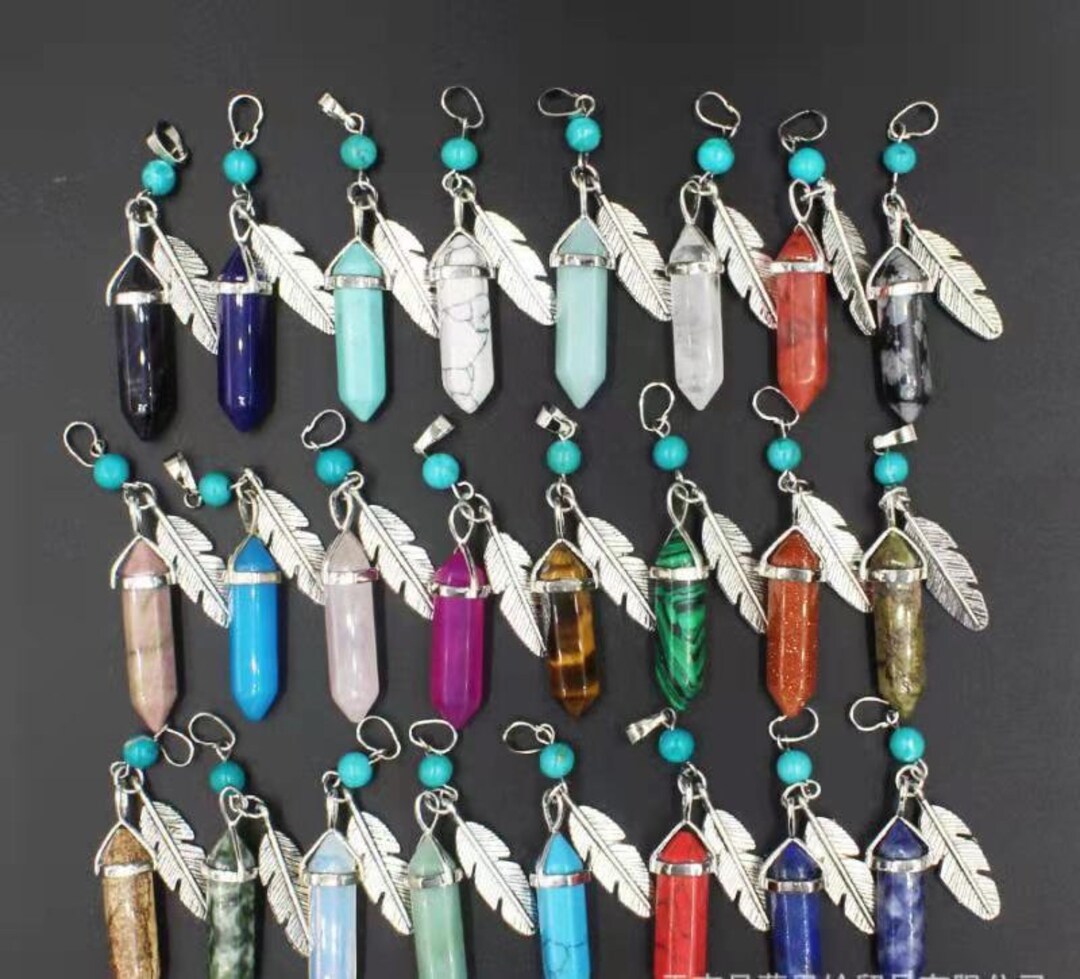 Mixed Natural Stone Pillar Point Metal Feather Charms Pendanthexagonal ...